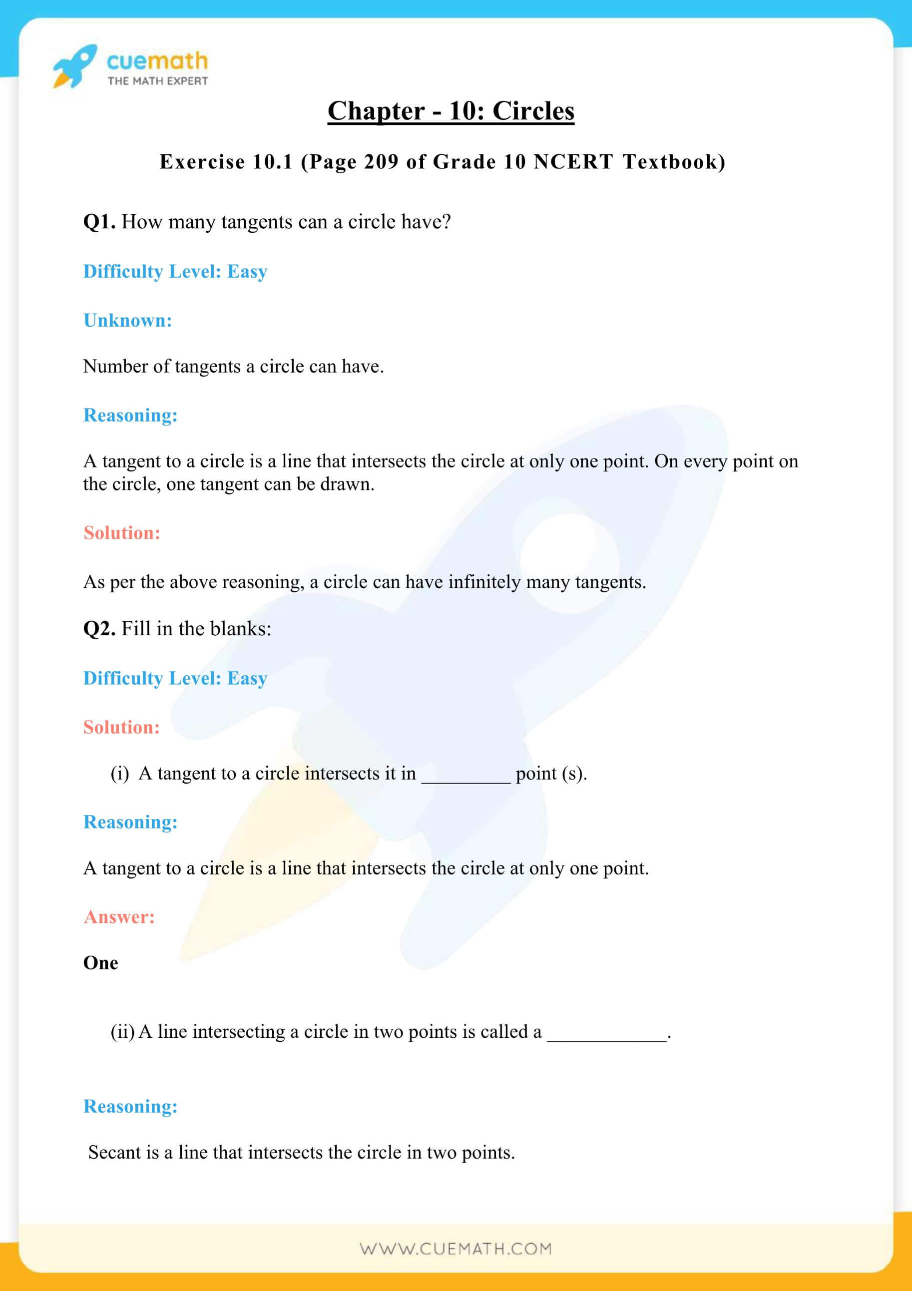 NCERT Solutions Class 10 Maths Chapter 10 Exercise 10 1 Circles