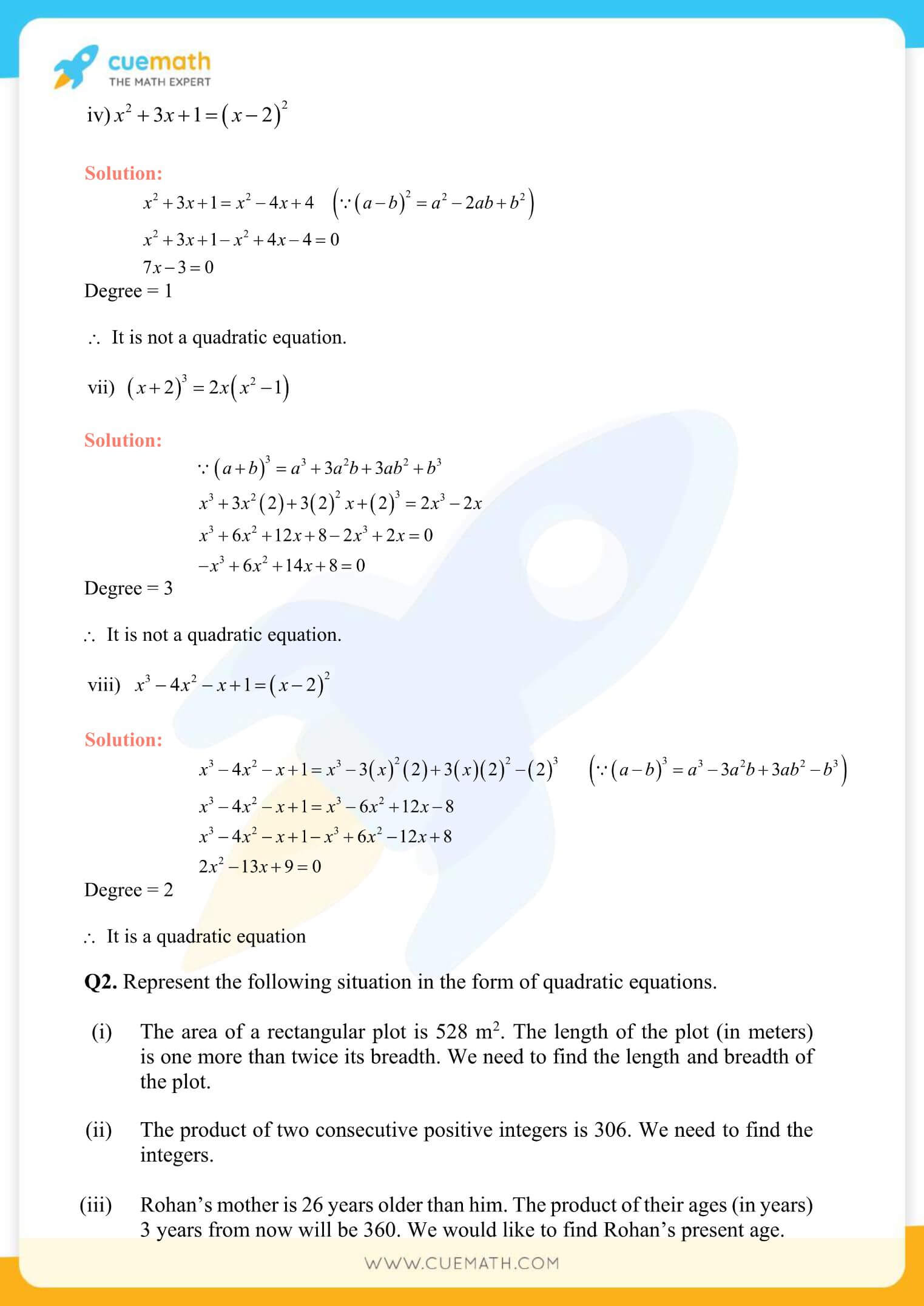 NCERT Solutions Class 10 Maths Chapter 4 Exercise 4 1 Quadratic Equations