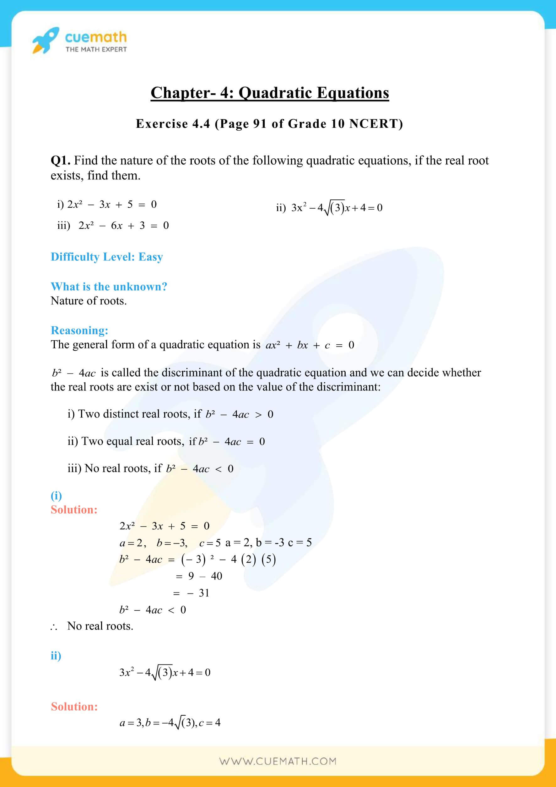 NCERT Solutions Class 10 Maths Chapter 4 Exercise 4 4 Quadratic Equations