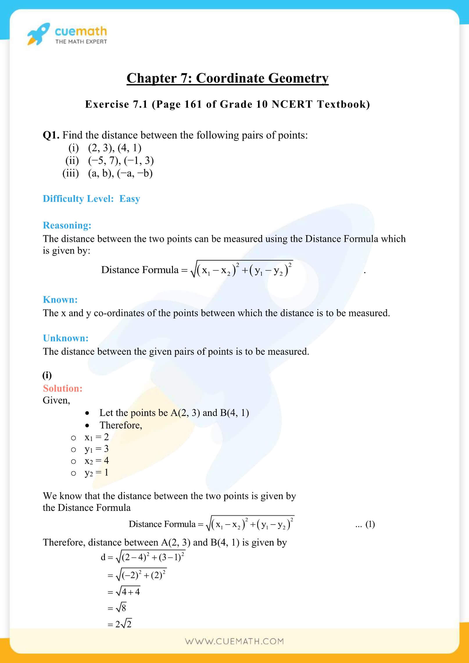 NCERT Solutions Class 10 Maths Chapter 7 Exercise 7 1 Coordinate Geometry