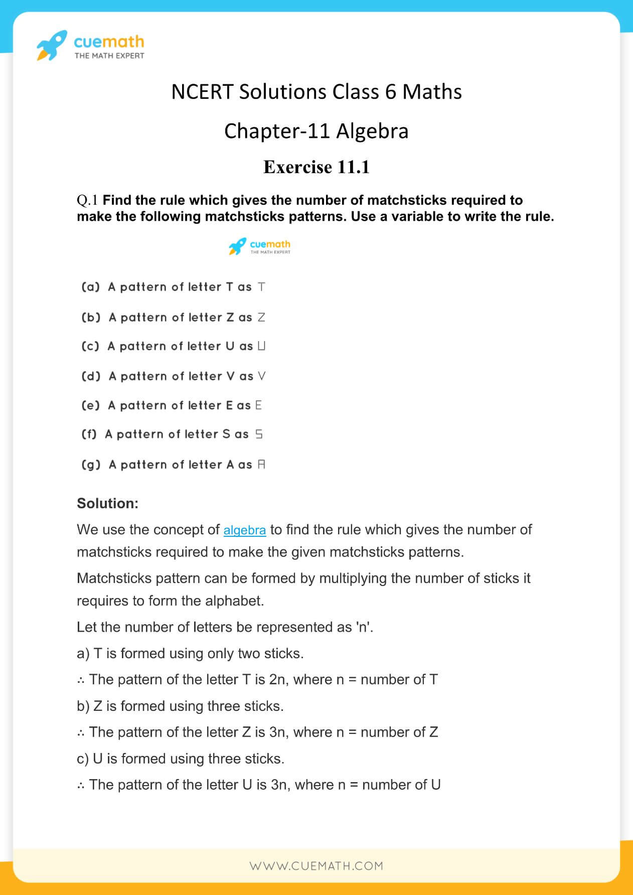 NCERT Solutions For Class 6 Maths Chapter 11 Exercise 11 1 Algebra