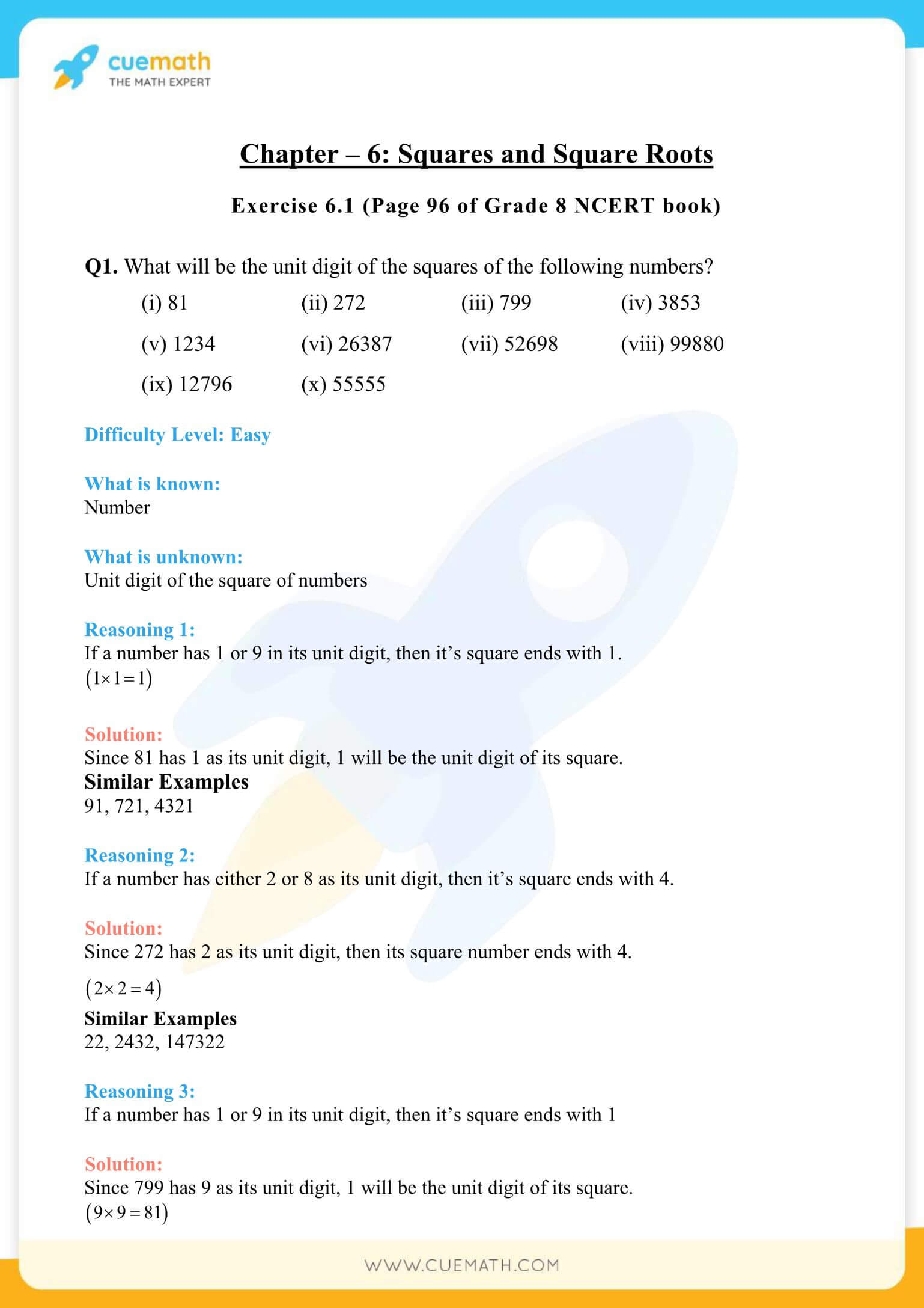NCERT Solutions Class 8 Maths Chapter 6 Squares And Square Roots