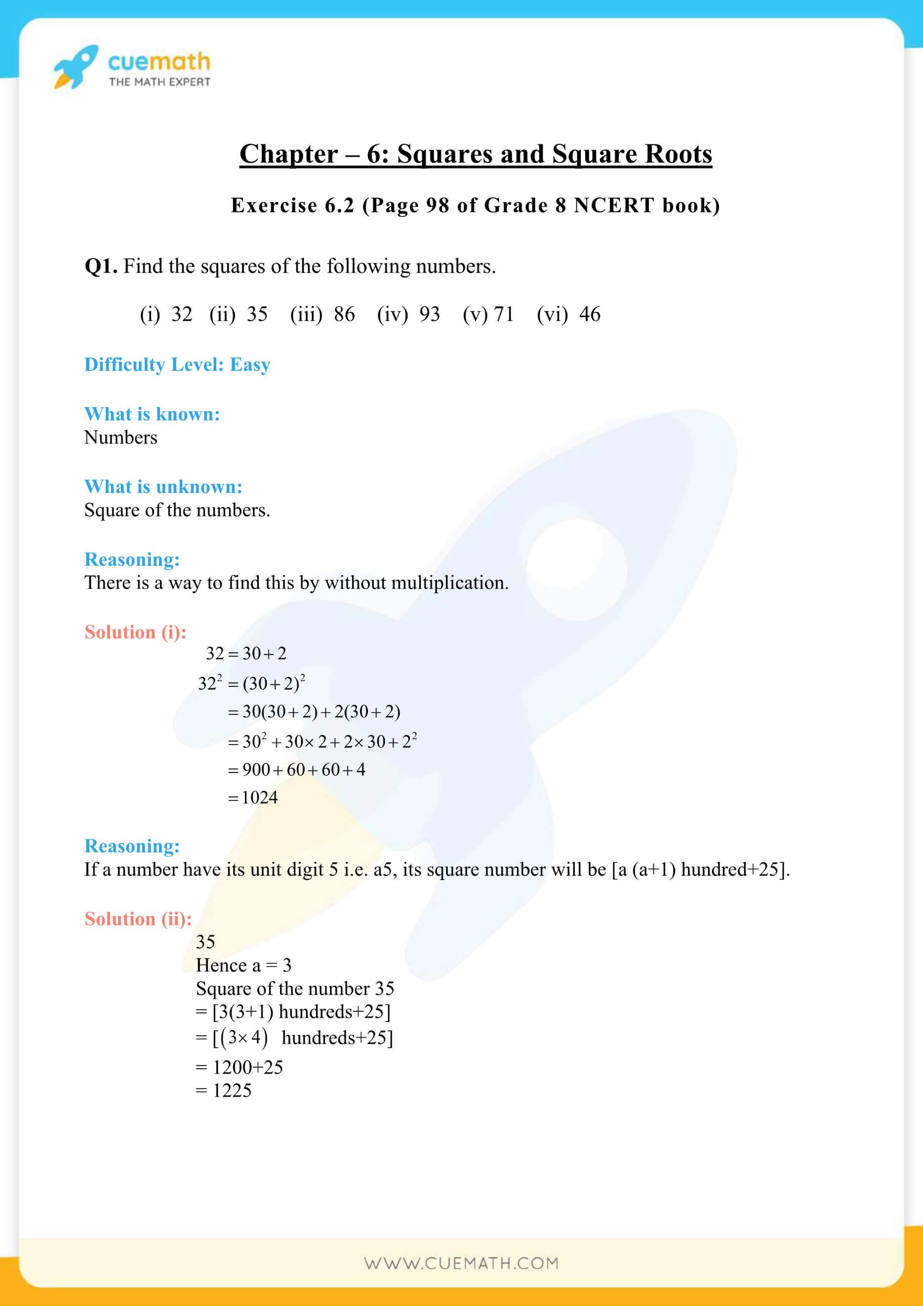 NCERT Solutions Class 8 Maths Chapter 6 Squares And Square Roots