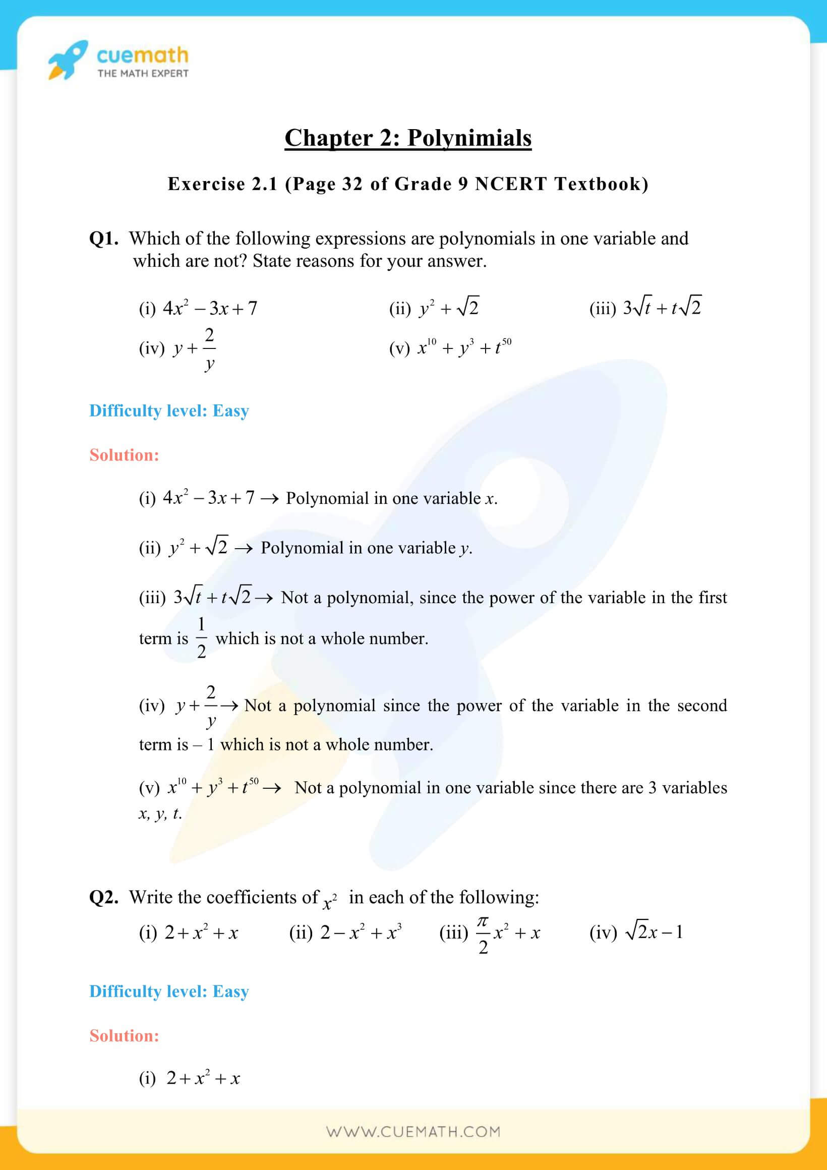 NCERT Solutions Class 9 Maths Chapter 2 Exercise 2 1 Polynomials