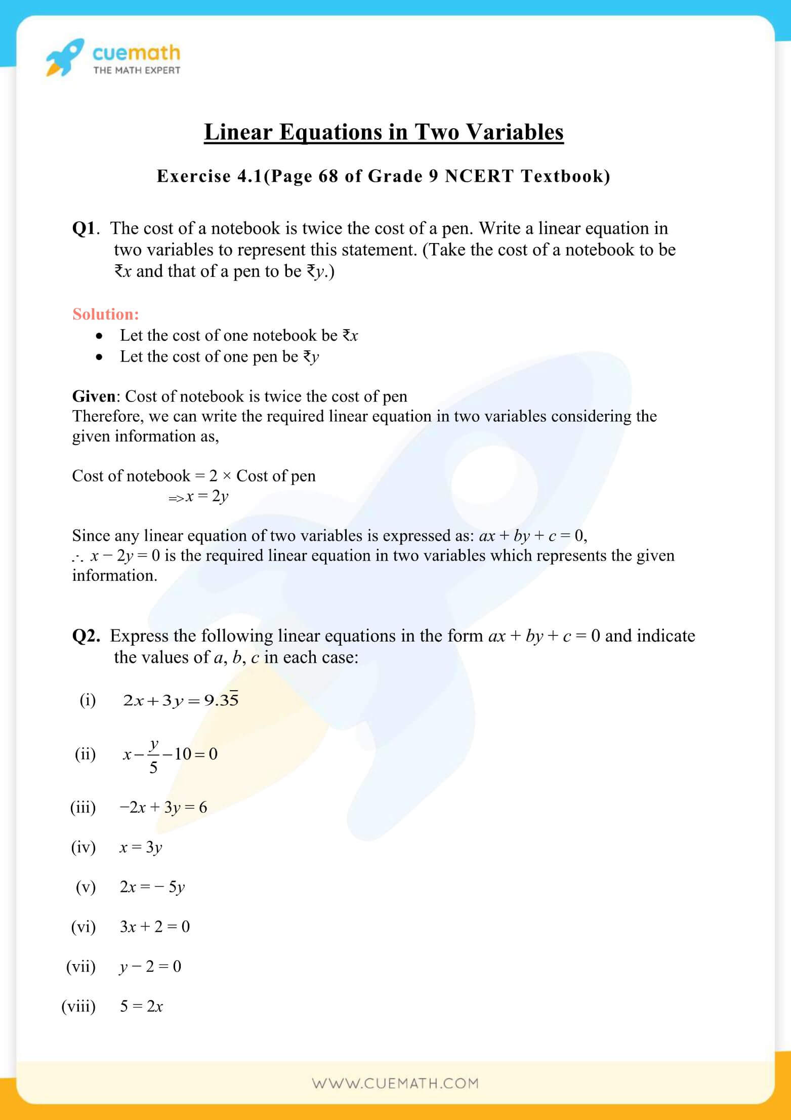 NCERT Solutions Class 9 Maths Chapter 4 Exercise 4 1 Linear Equations